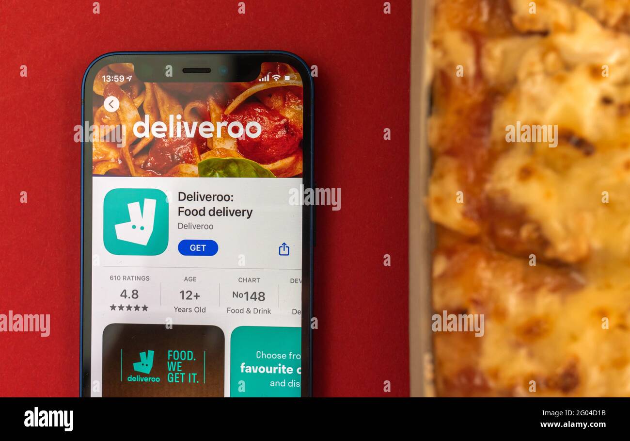 Kharkov, Ukraine - May 28, 2021: Deliveroo app icon and logo close-up ...