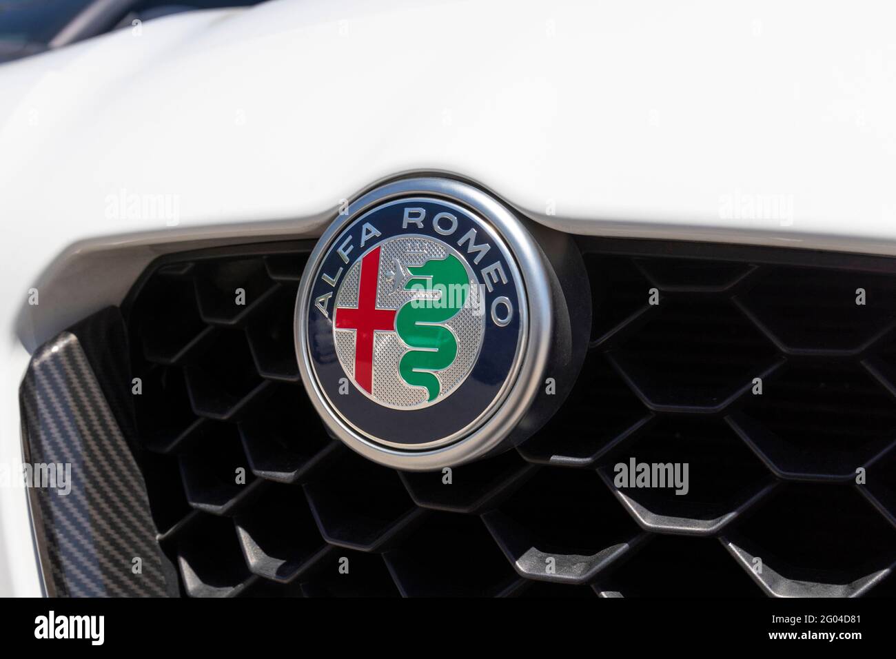 Indianapolis - Circa May 2021: Alfa Romeo logo. The logo shows a red ...