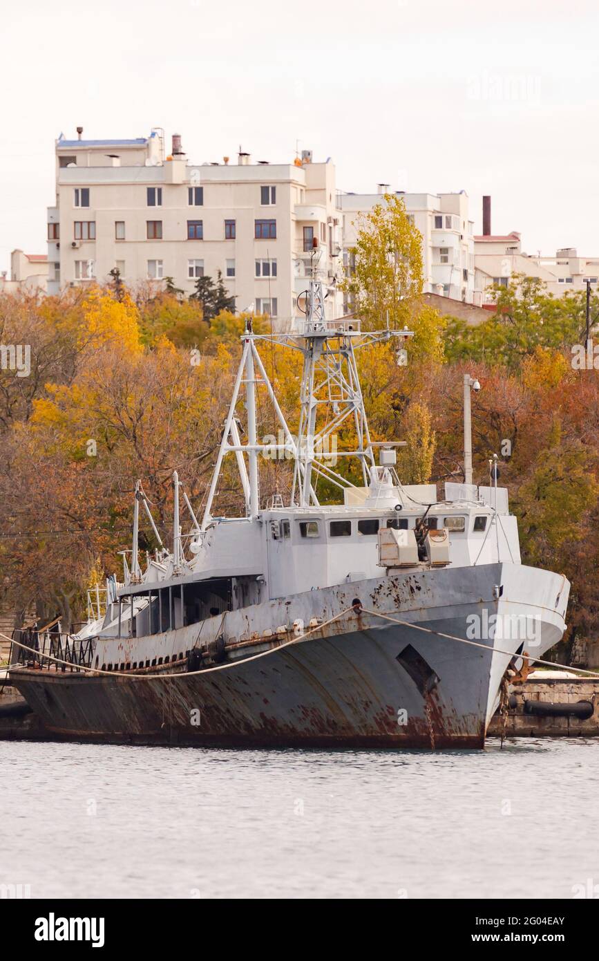 Sevastopol. Crimea. Winter 2021. An old warship. A rusty old ship ...