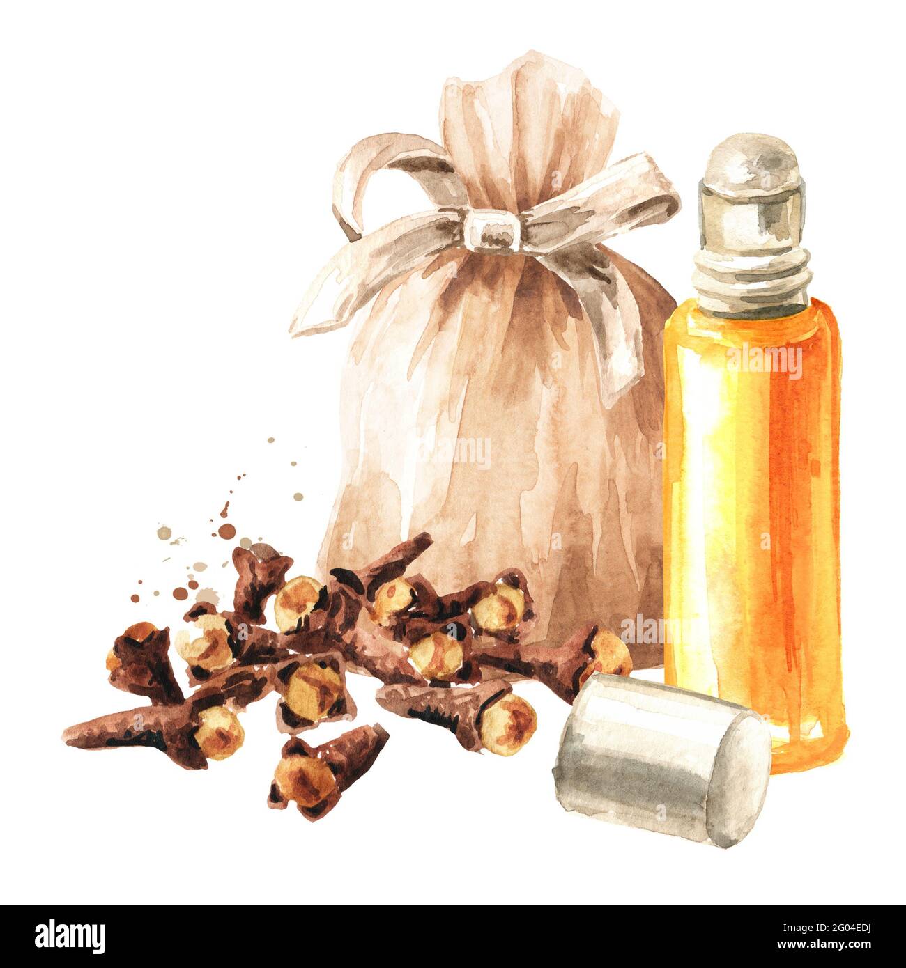 Essential oil with roller, cloves buds and sachet. Hand drawn ...