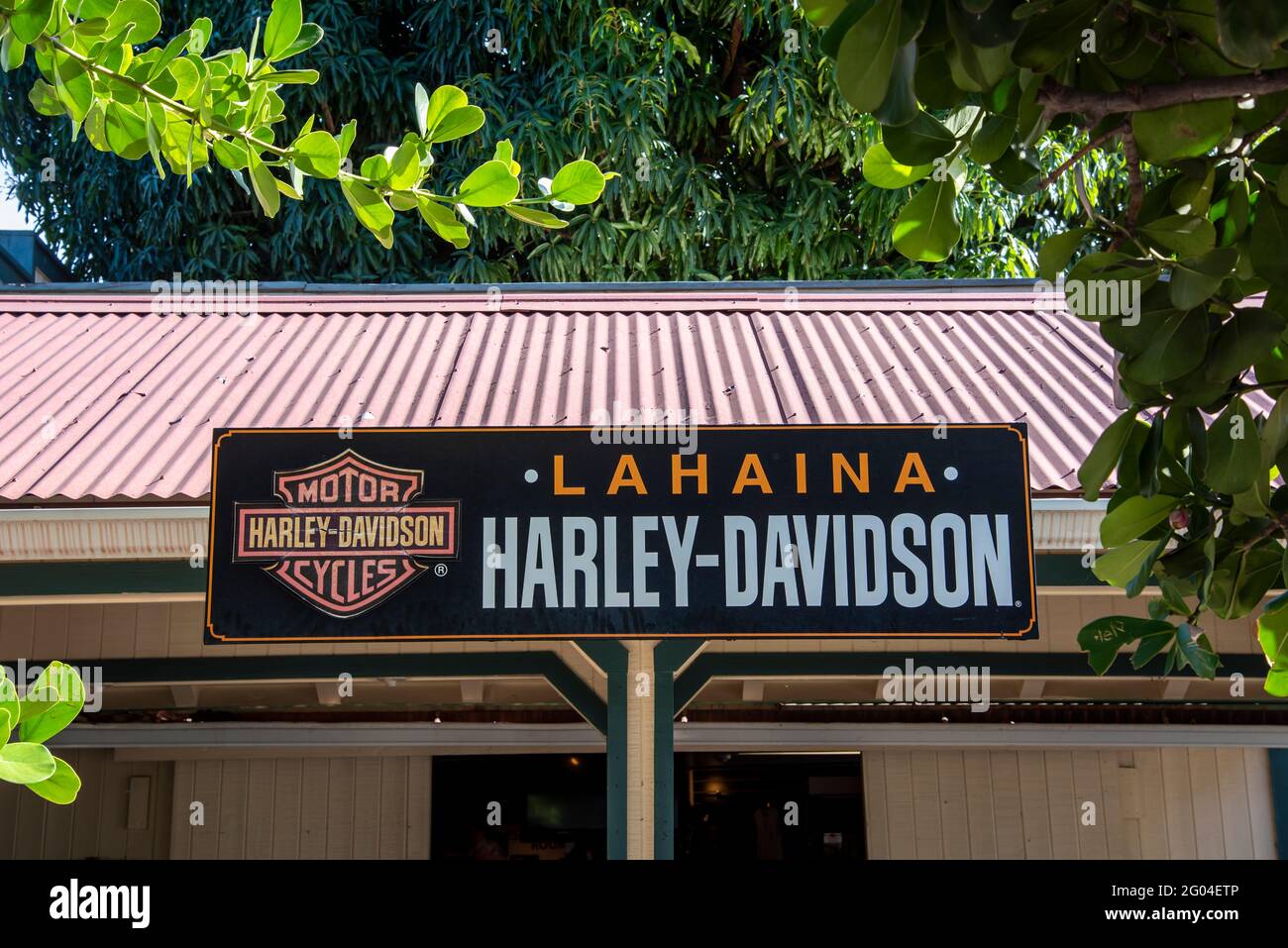 Lahaina, Maui, Hawaii. Harley Davidson sign out side the motorcycle ...