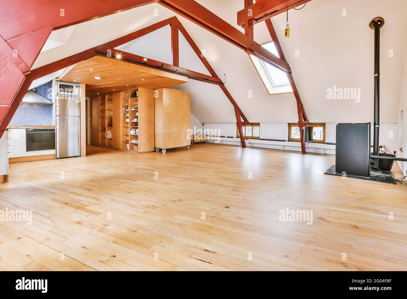 Interior of a large empty room with a triangular ceiling Stock Photo ...