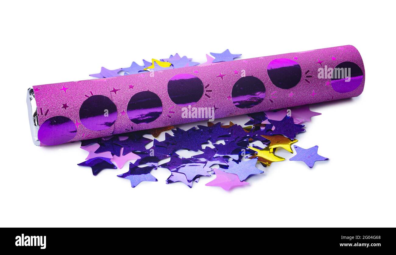 Party popper and confetti on white background Stock Photo - Alamy