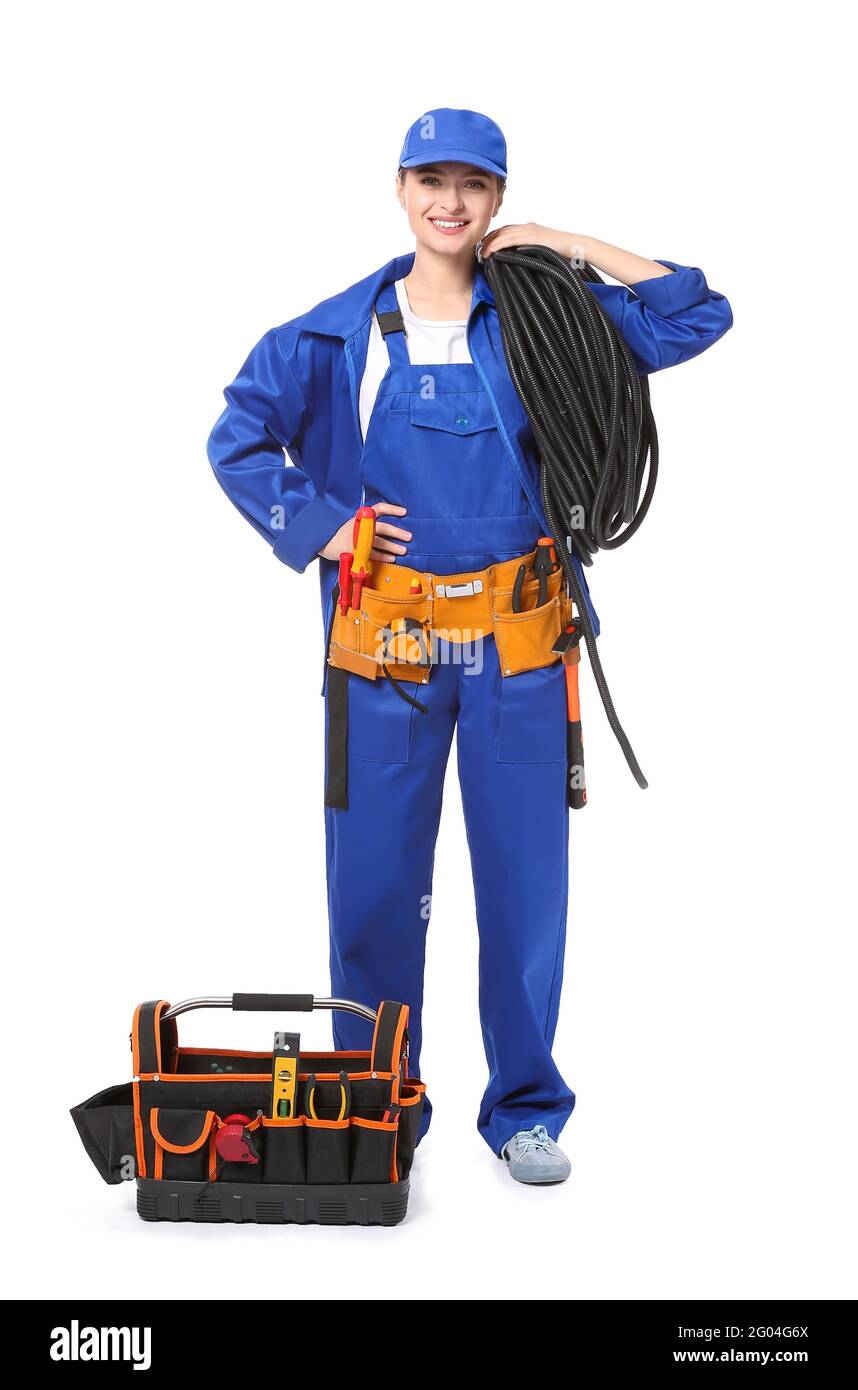 Beautiful female electrician with cables on white background Stock ...