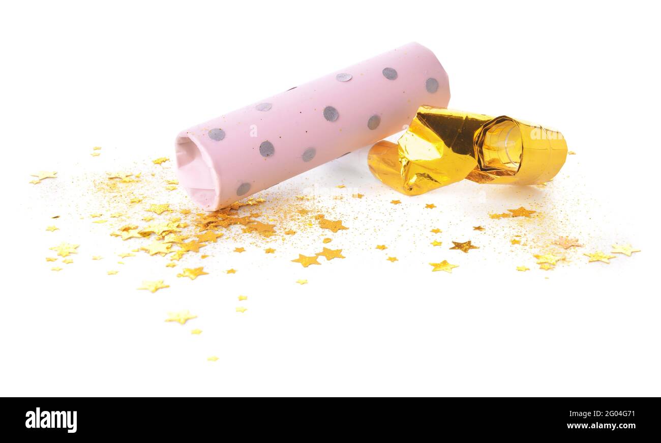 Party popper, blower and confetti on white background Stock Photo - Alamy
