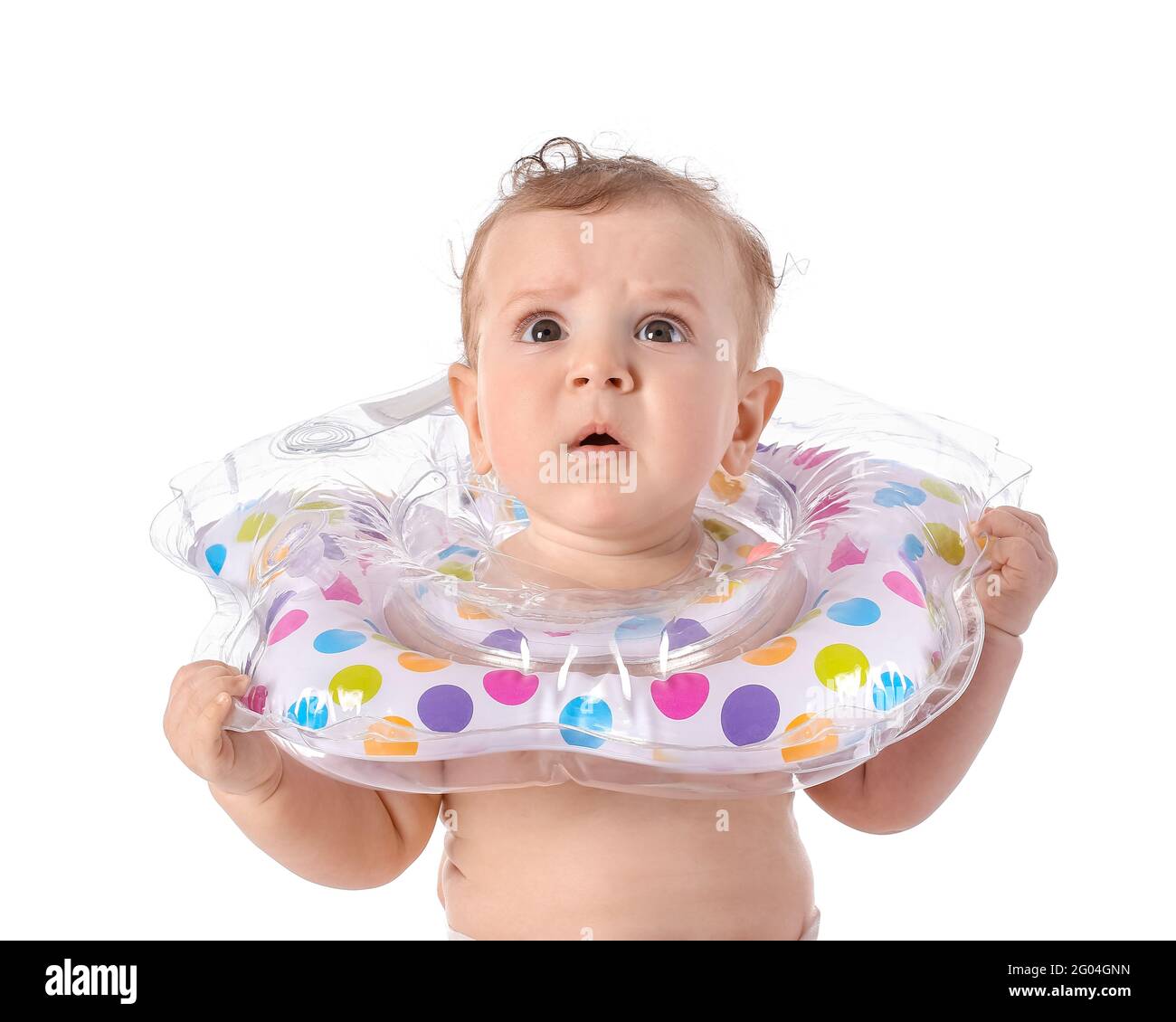 Cute baby with inflatable ring on white background Stock Photo - Alamy