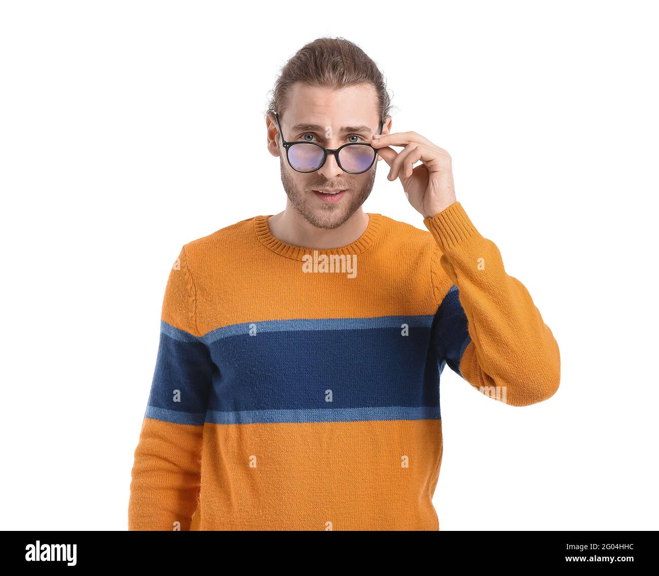 Young man wearing eyeglasses on white background Stock Photo - Alamy