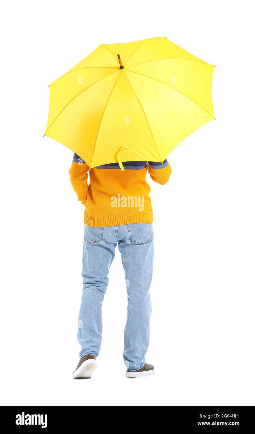 Handsome young man with umbrella on white background, back view Stock ...
