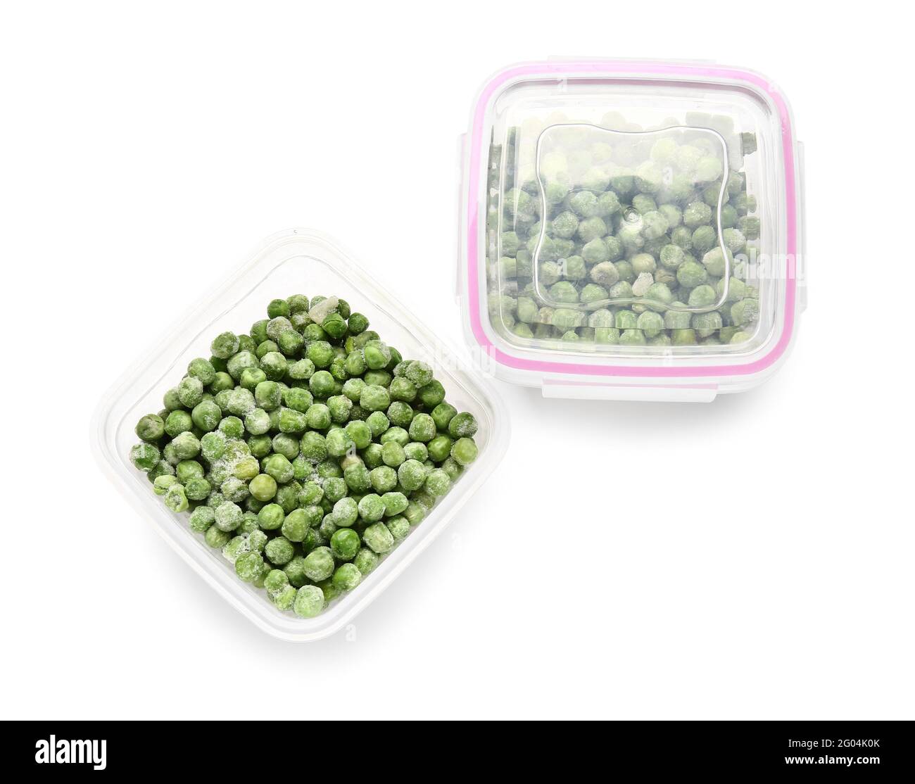 Plastic containers with frozen green peas on white background Stock ...