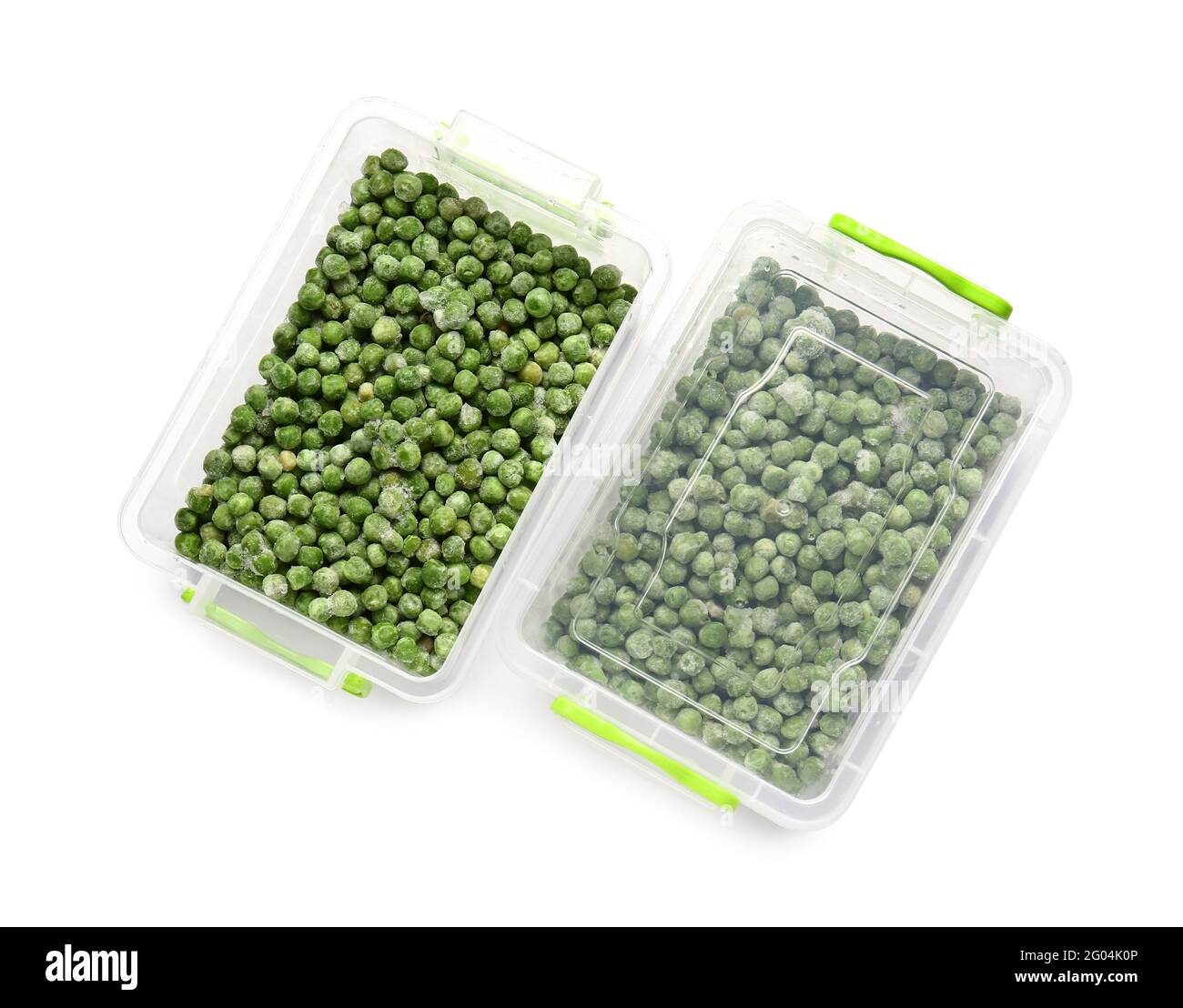 Plastic containers with frozen green peas on white background Stock ...