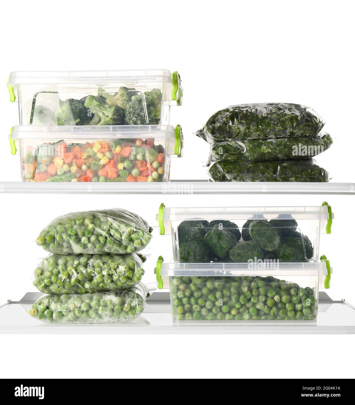 Plastic containers with frozen vegetables on white background Stock ...