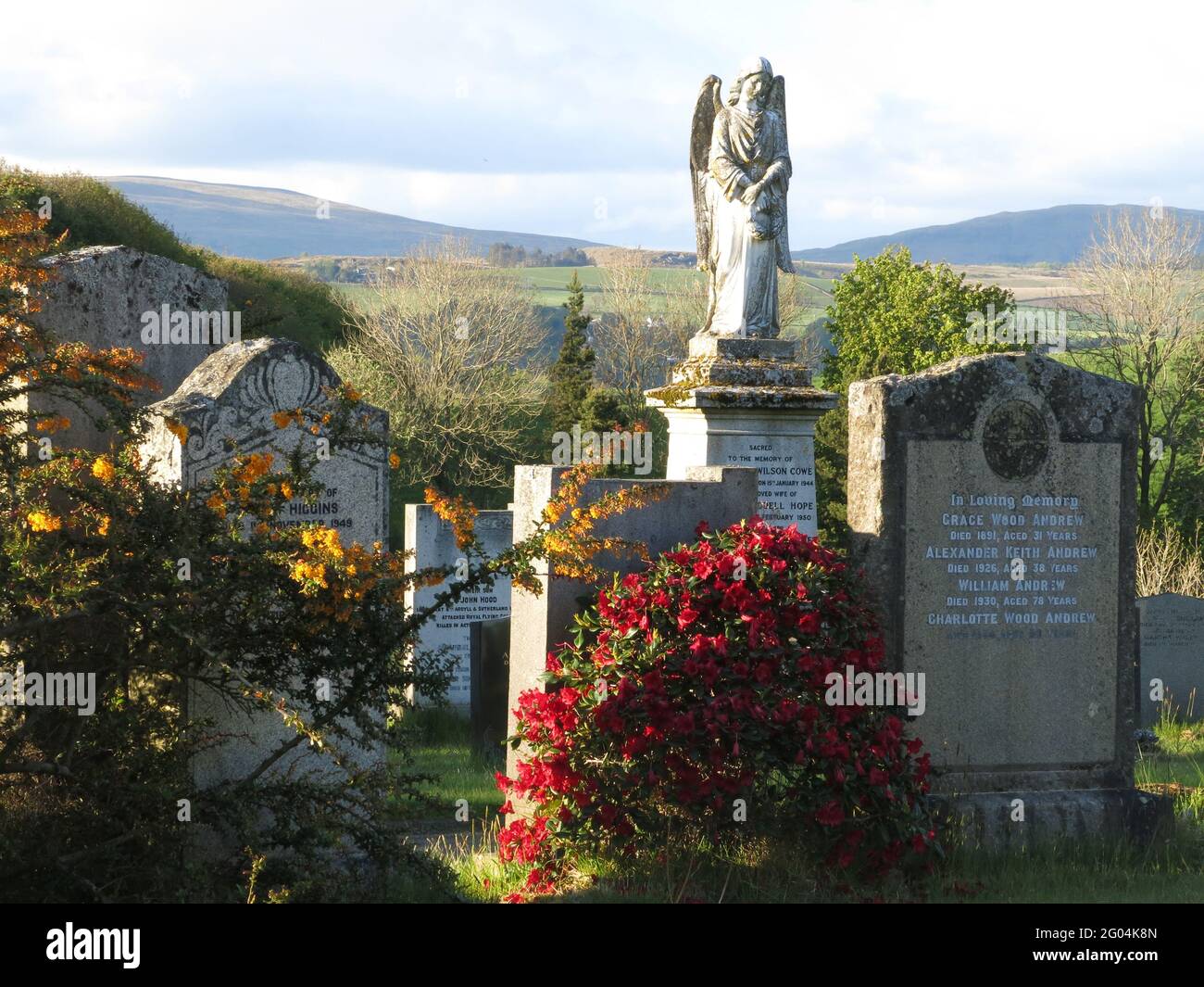 A tall stone statue of a guardian angel is one of the memorials amongst ...