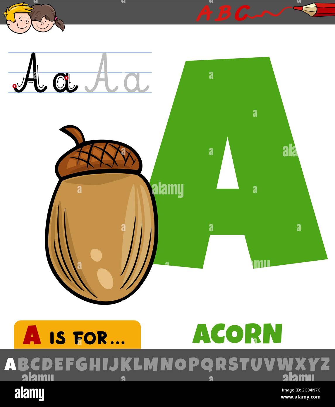 Educational cartoon illustration of letter A from alphabet with acorn ...