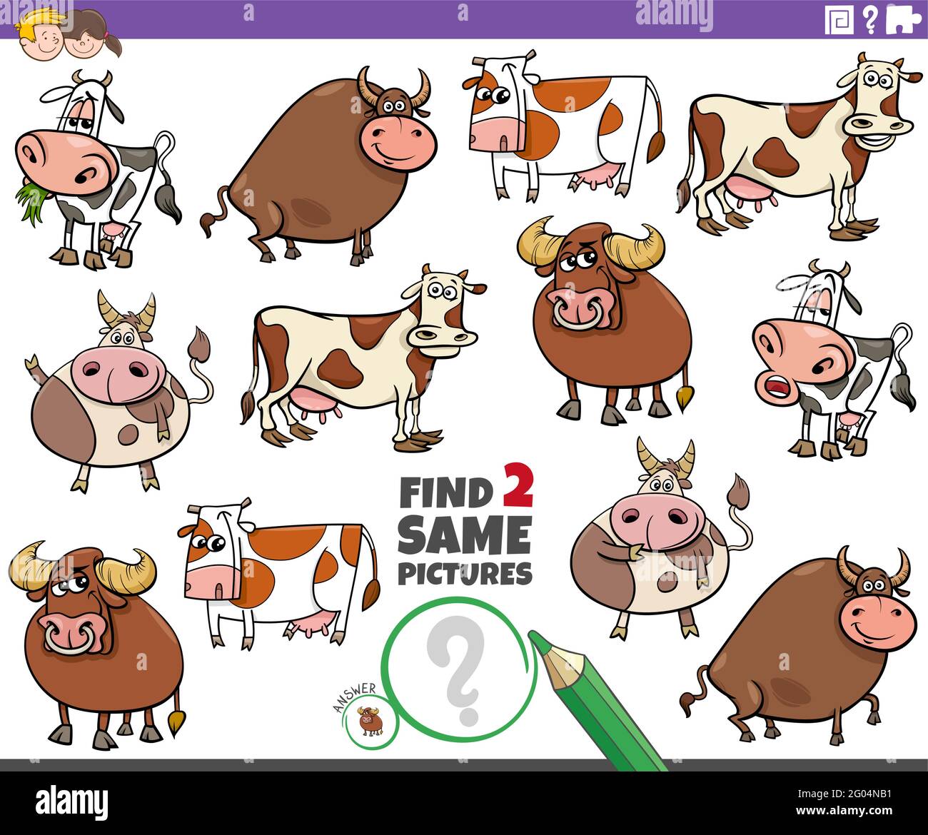 Cartoon illustration of finding two same pictures educational game with ...
