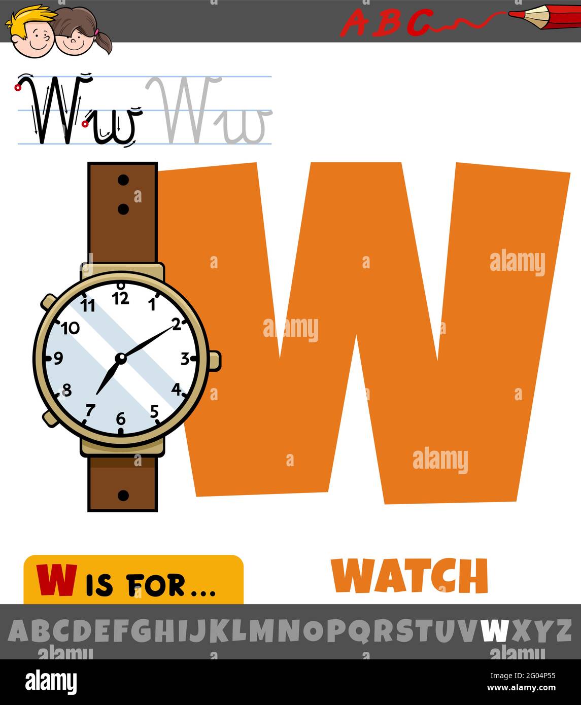 Educational cartoon illustration of letter W from alphabet with watch ...
