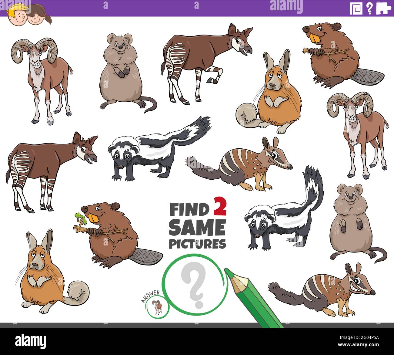 Cartoon illustration of finding two same pictures educational game with ...