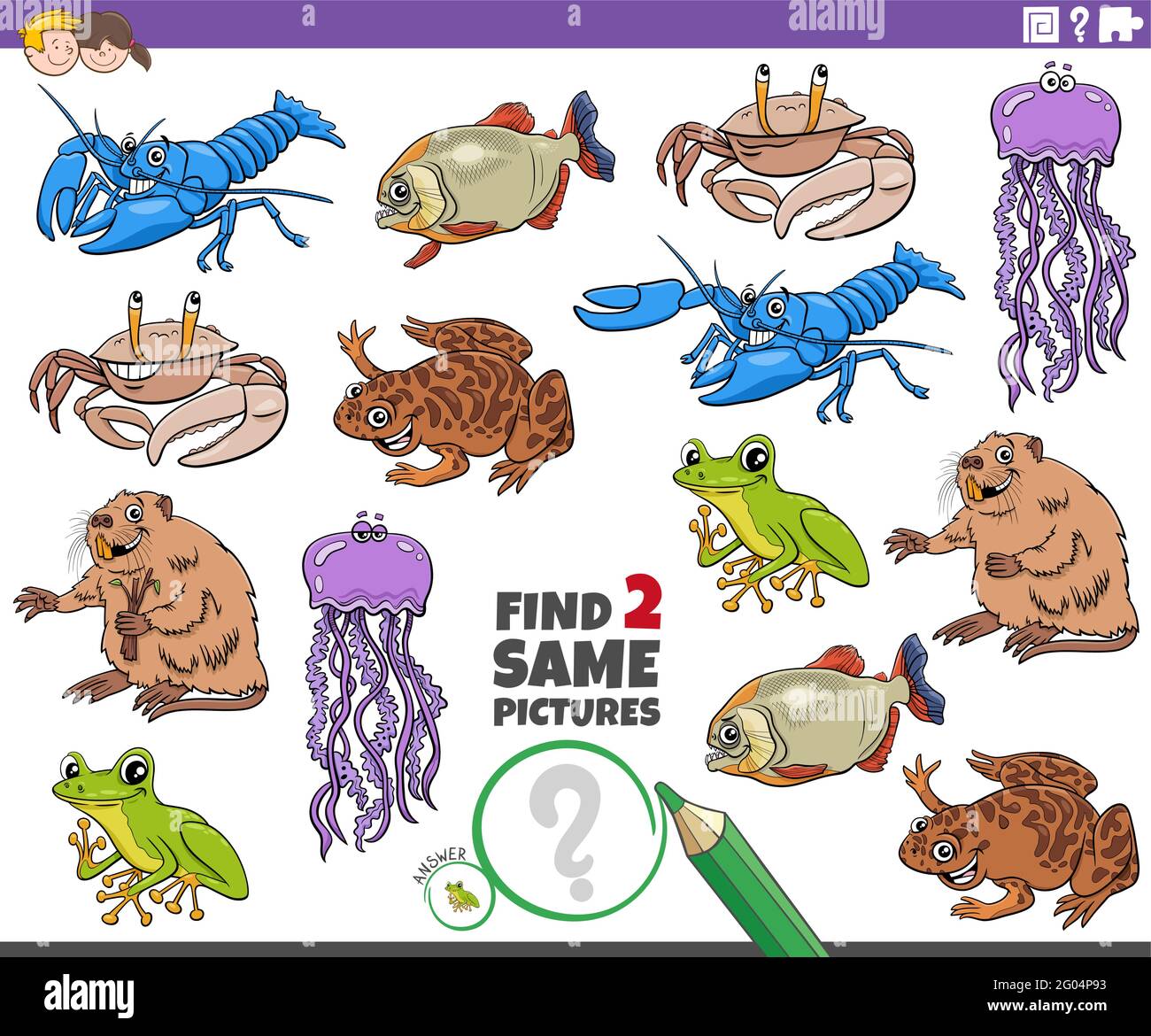 Cartoon illustration of finding two same pictures educational game with ...