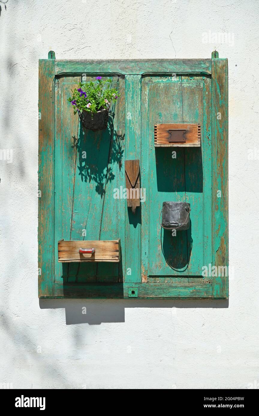 Grunge green wooden window frame with vintage decoration on the ...