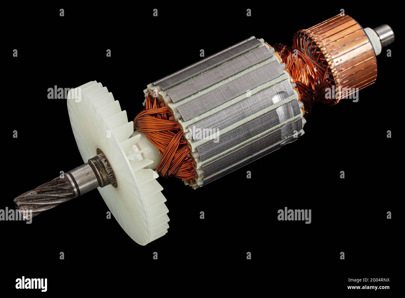 Rotor or of anchor electric motor closeup, isolated on black background ...