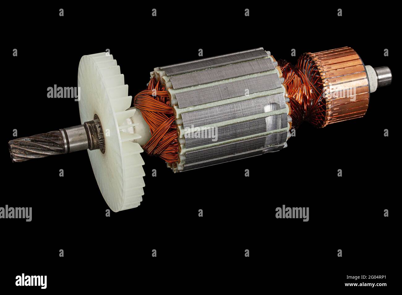 Rotor or of anchor electric motor closeup, isolated on black background ...