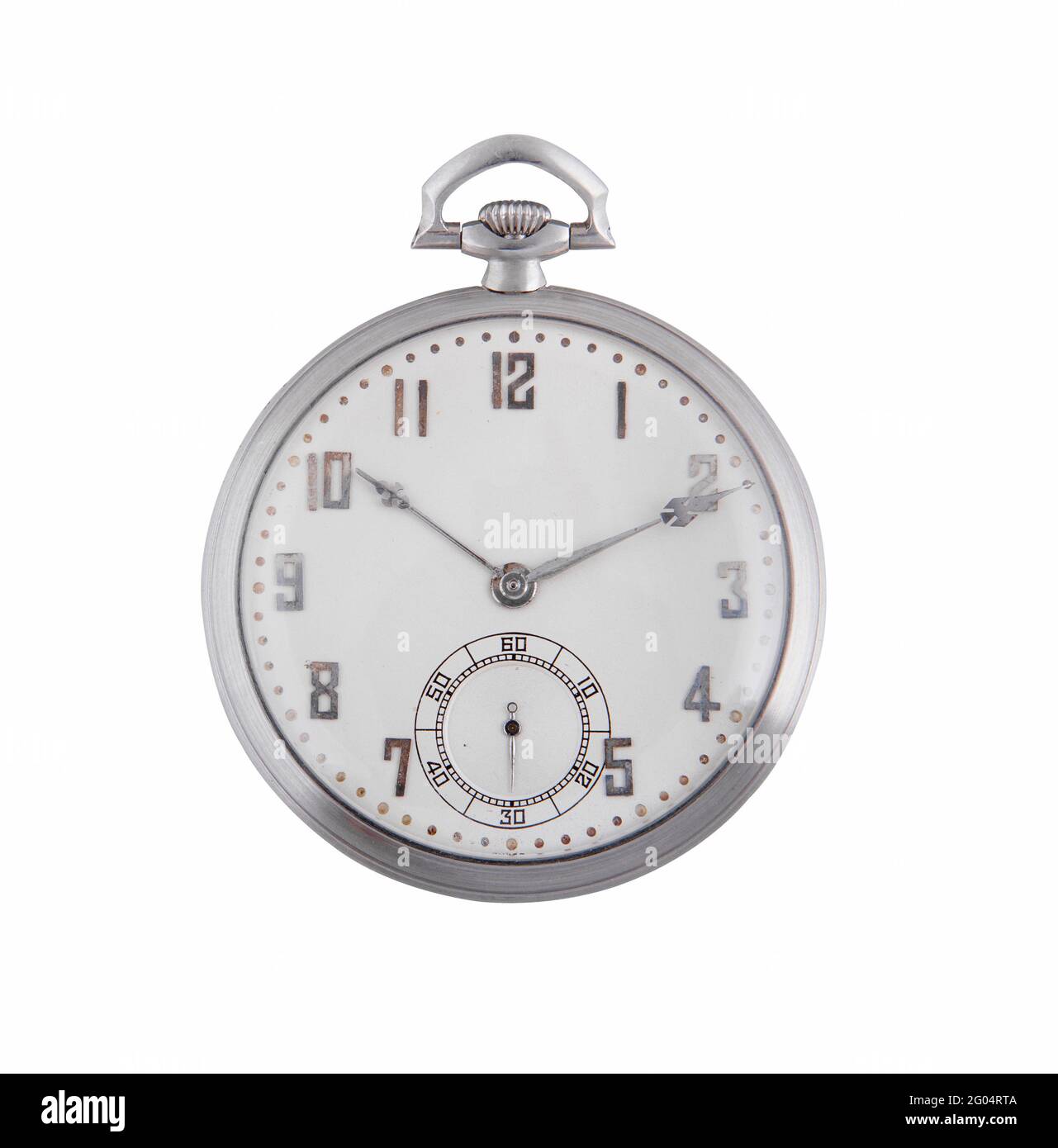 Closeup shot of a silver pocket watch on a plain white background Stock ...