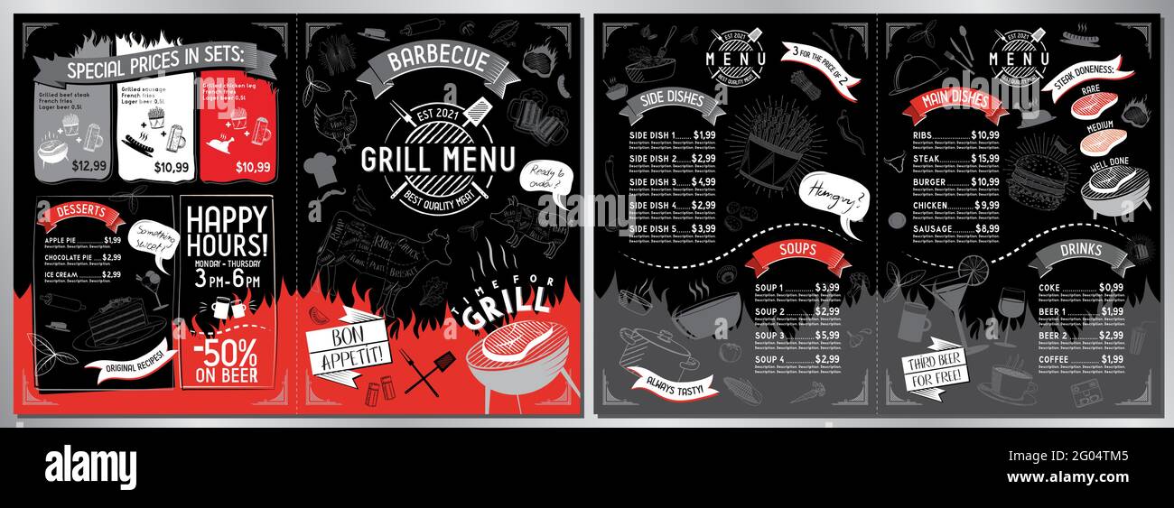 Barbecue restaurant menu template - A3 to A4 card (sides, soups, main ...
