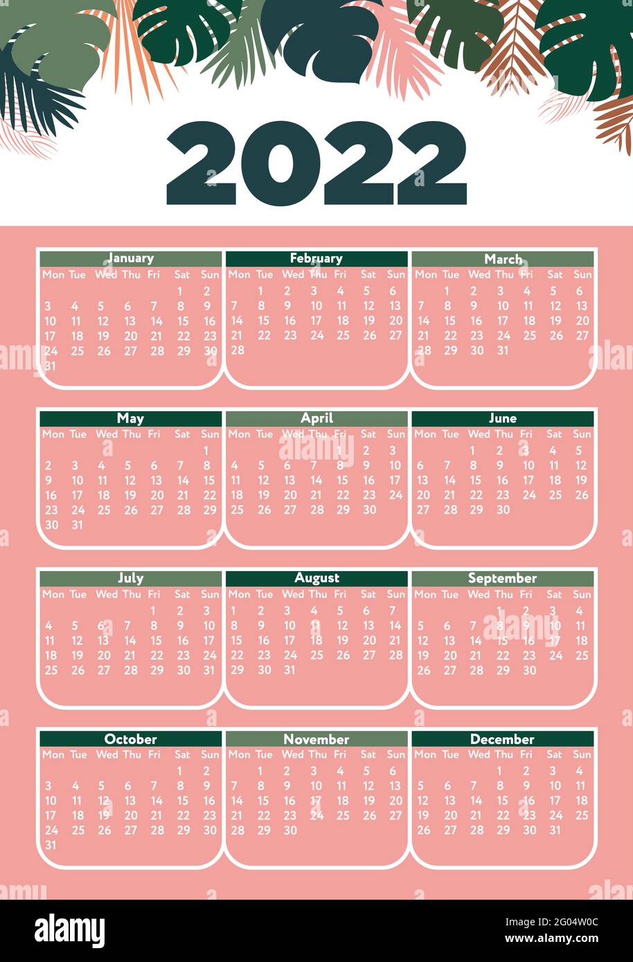 Cute monthly planner with purple monstera leaves pattern on white-pink ...