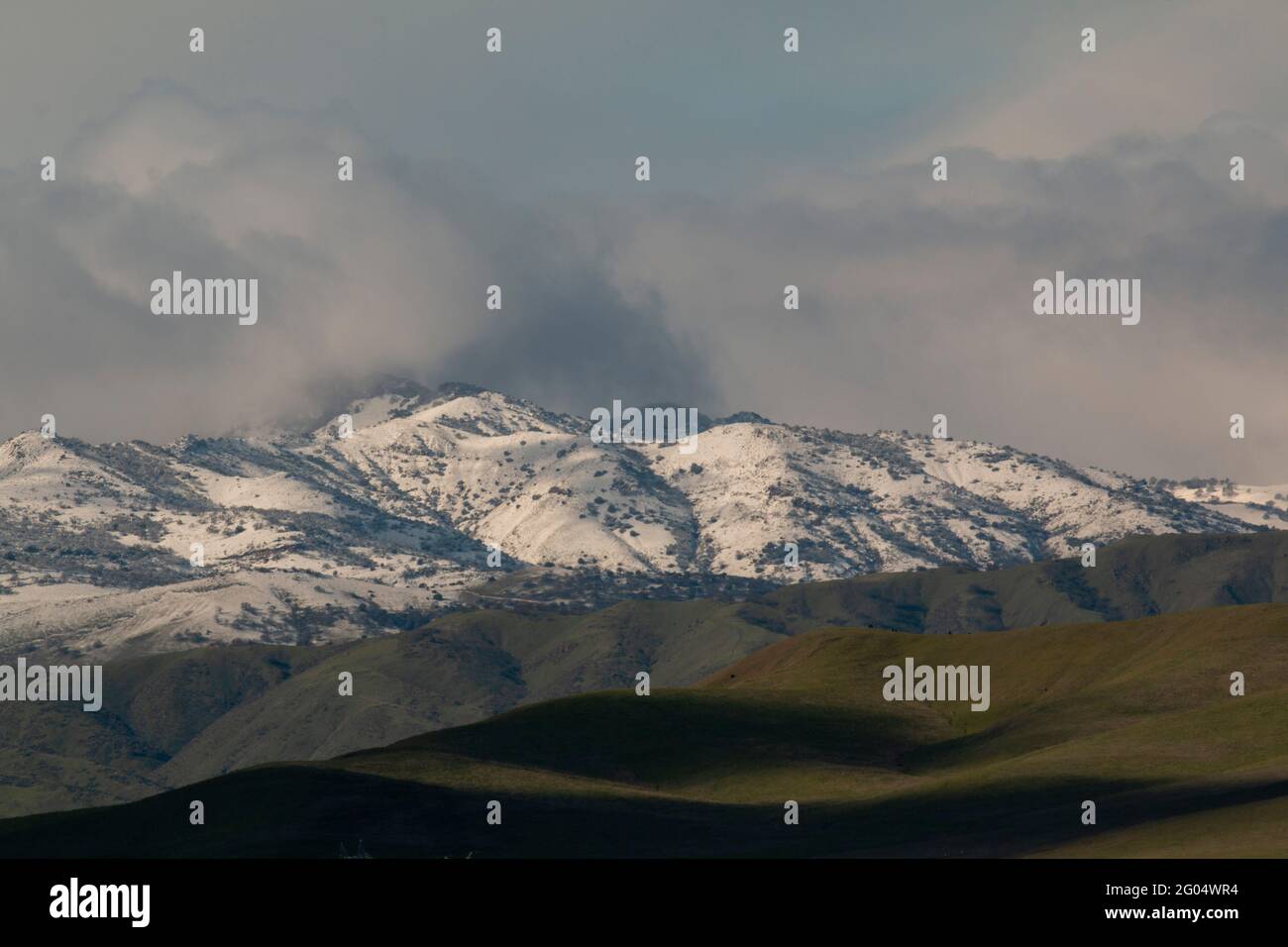 A rare 2019 winter snowfall covers the Coast Range of western Merced ...