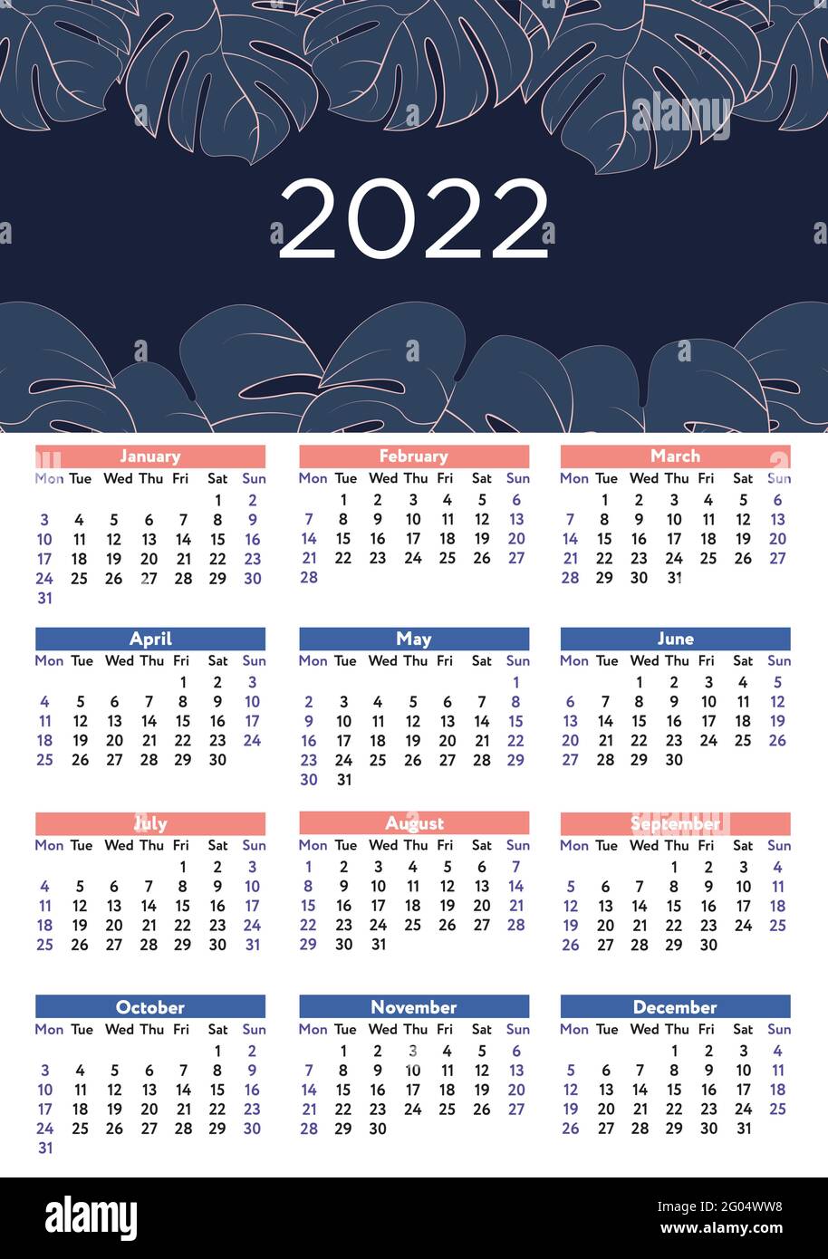 Annual wall calendar with natural pattern with leaves of monstera Stock ...