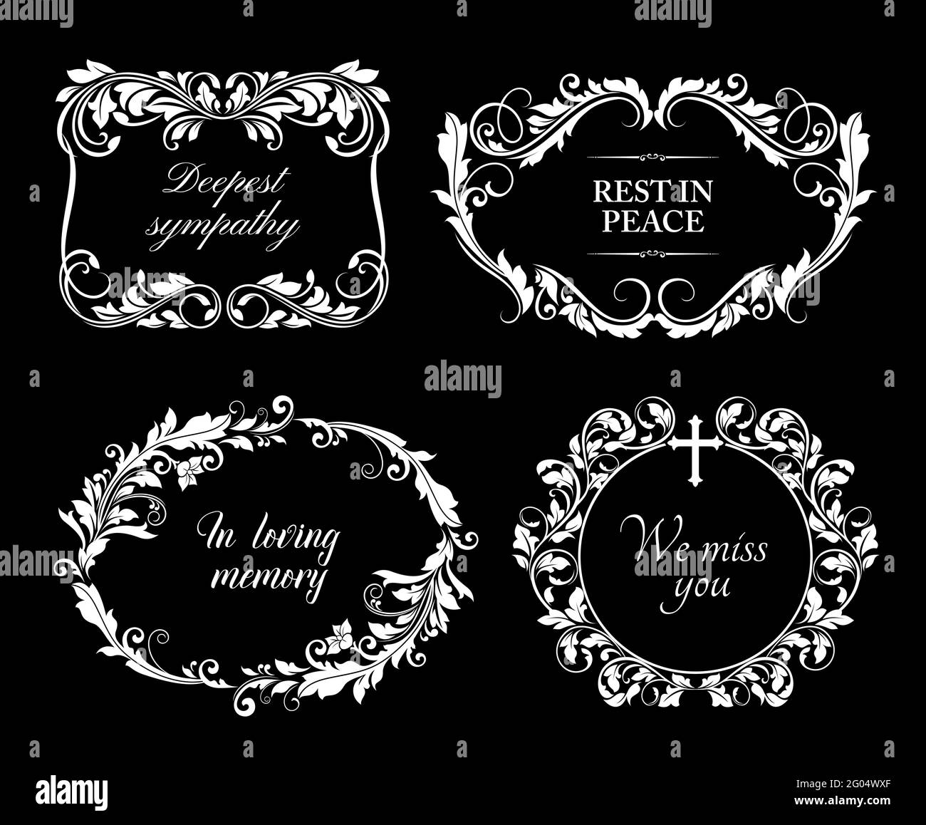 Funeral card frames with floral ornaments, sorrowful condolences and ...