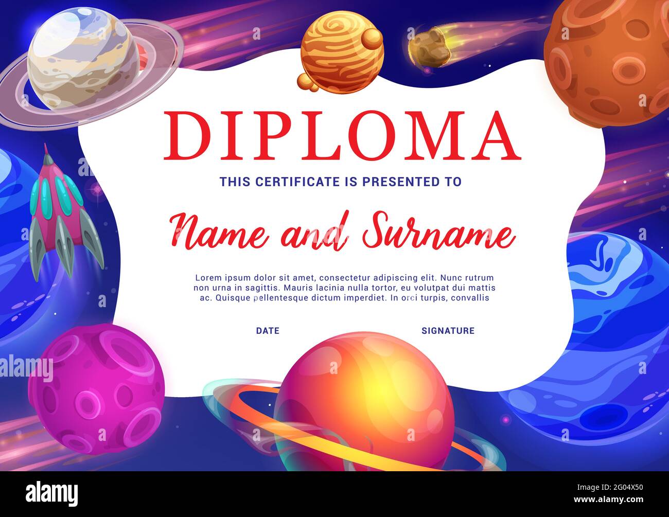 Kids education diploma with space planets vector background frame ...