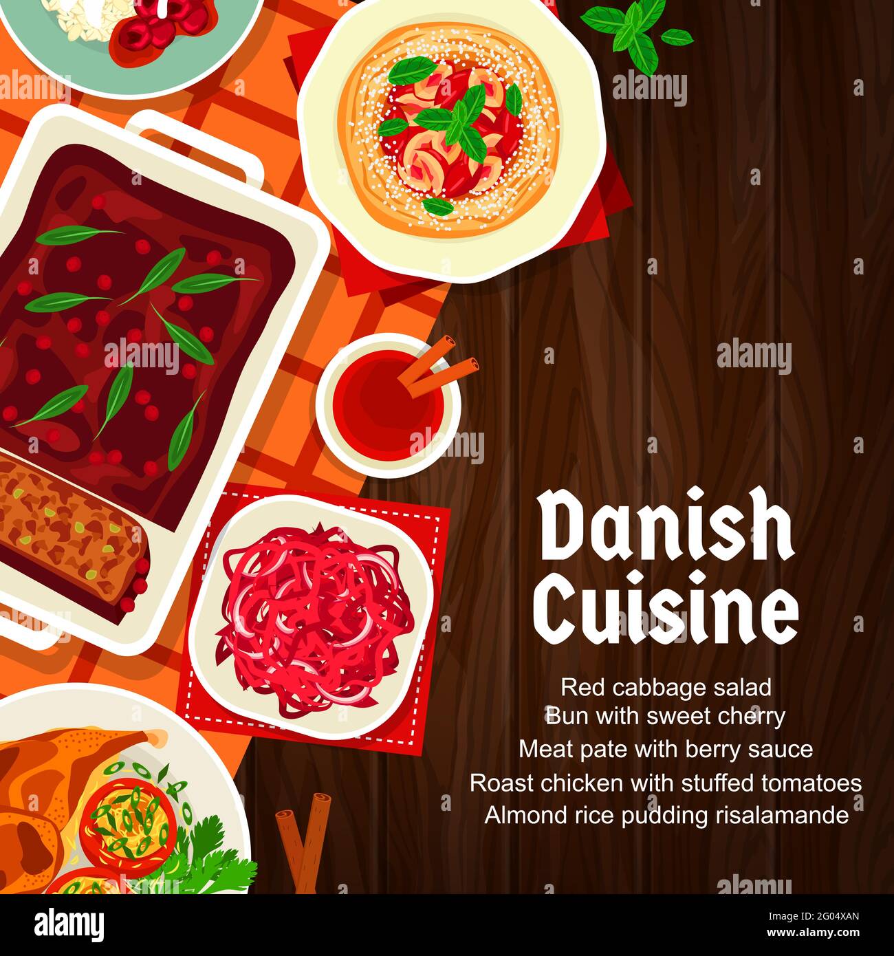 Danish food menu cover, restaurant dishes and meals, vector traditional ...