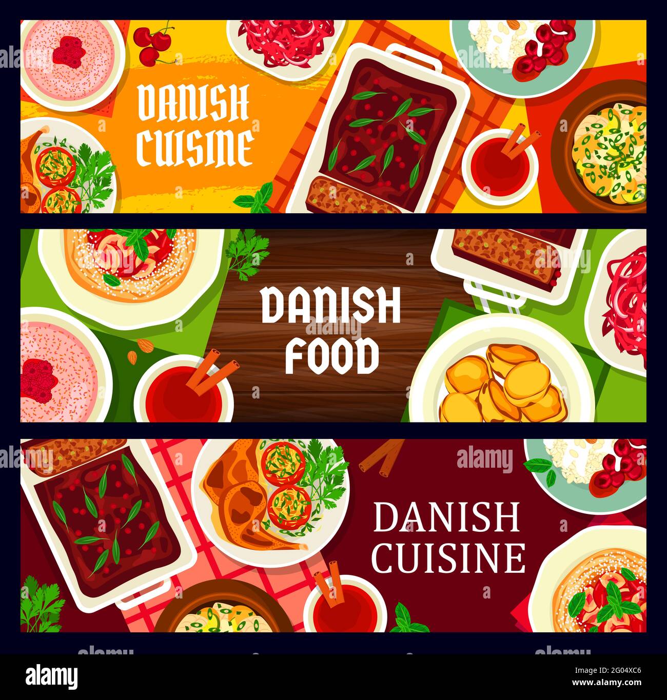 Danish food cuisine banners, Scandinavian meals and Denmark traditional ...