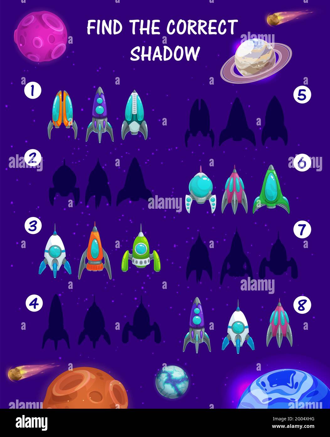 Kids maze game with spaceship silhouettes on vector background with ...