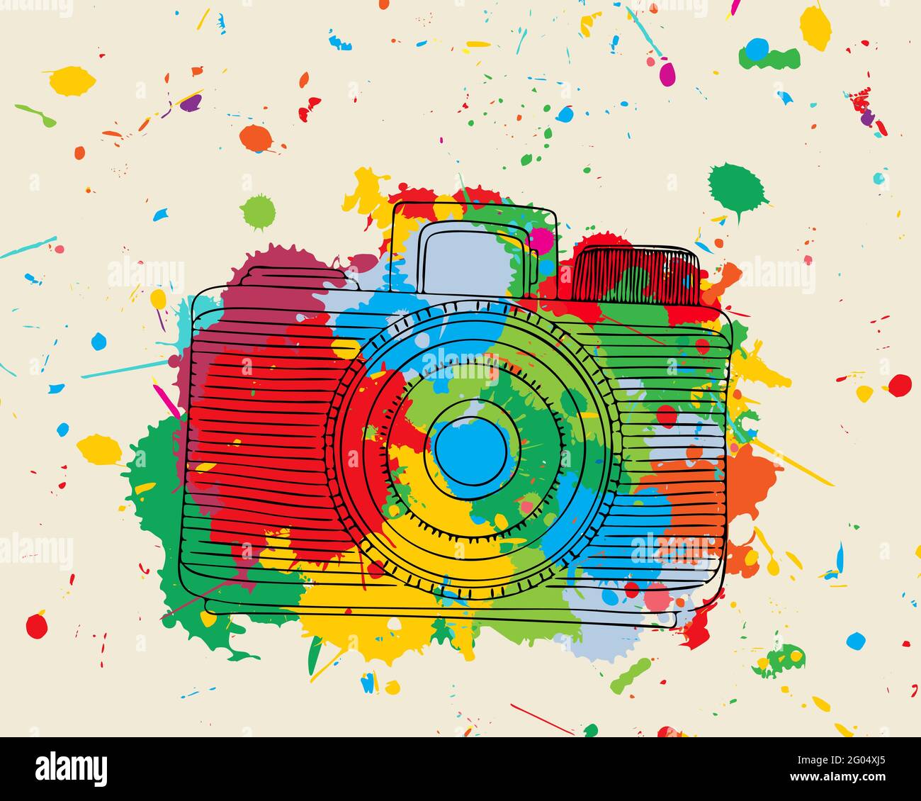 Vintage photo camera sketch over colored splats, vector illustration ...