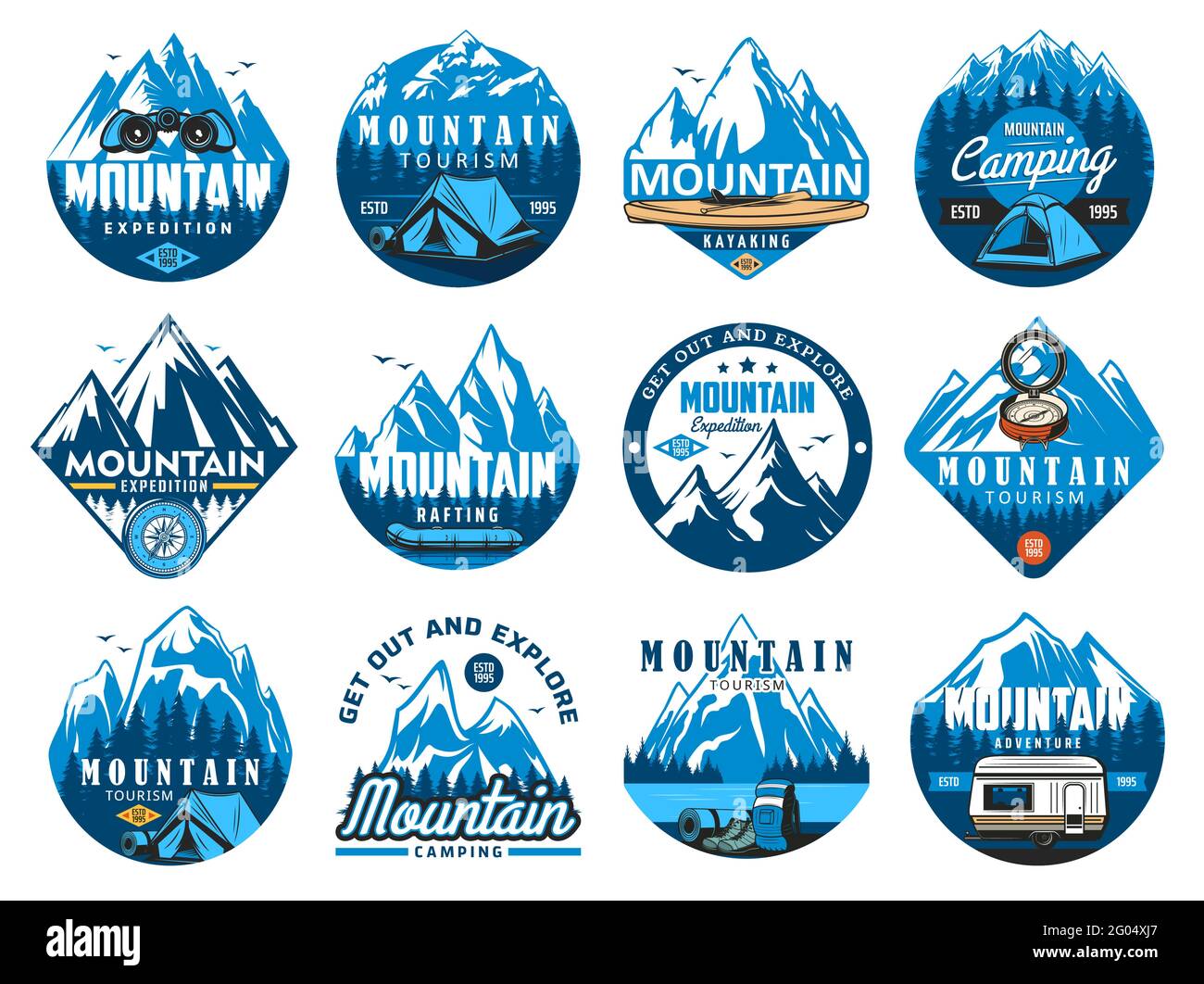 Mountain climbing icons, rafting expedition and camping vector symbols ...