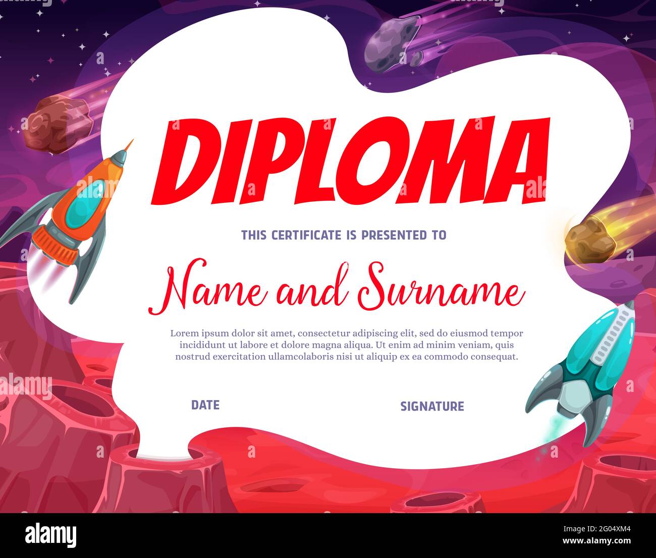Kids diploma with planet area, vector certificate with cartoon space ...