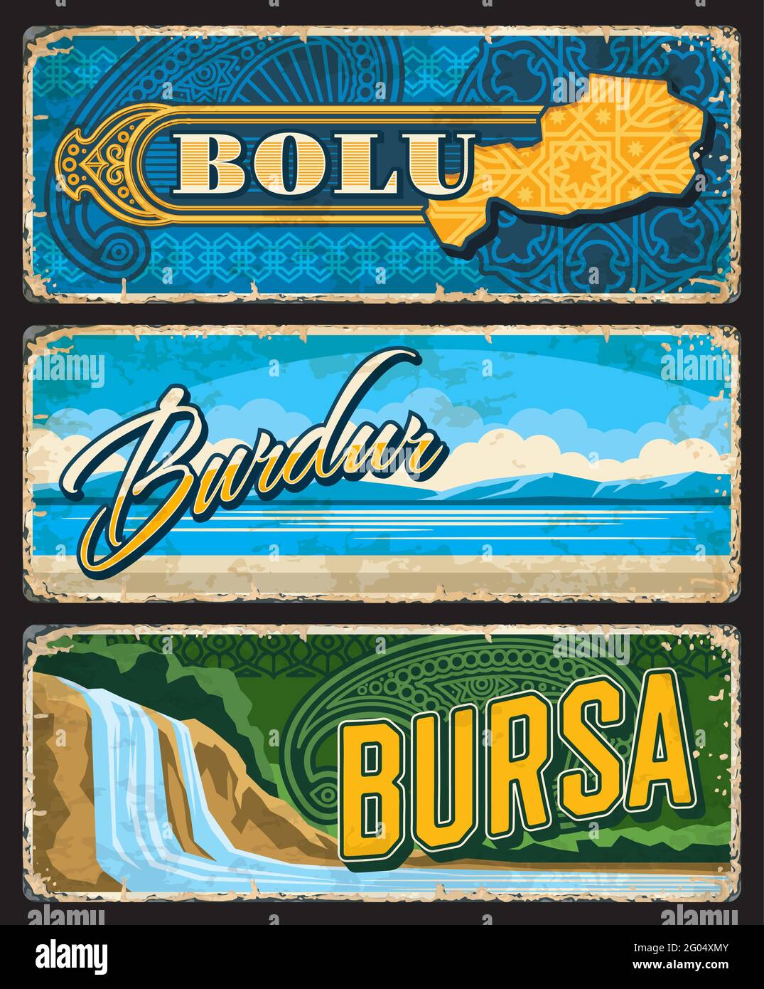 Bolu, Burdur and Bursa il, Turkey provinces vintage plates or banners ...