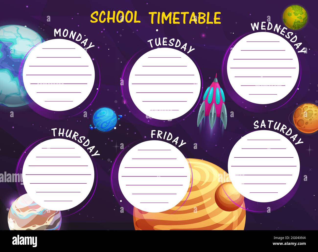 School timetable with cartoon space planets vector background frame ...