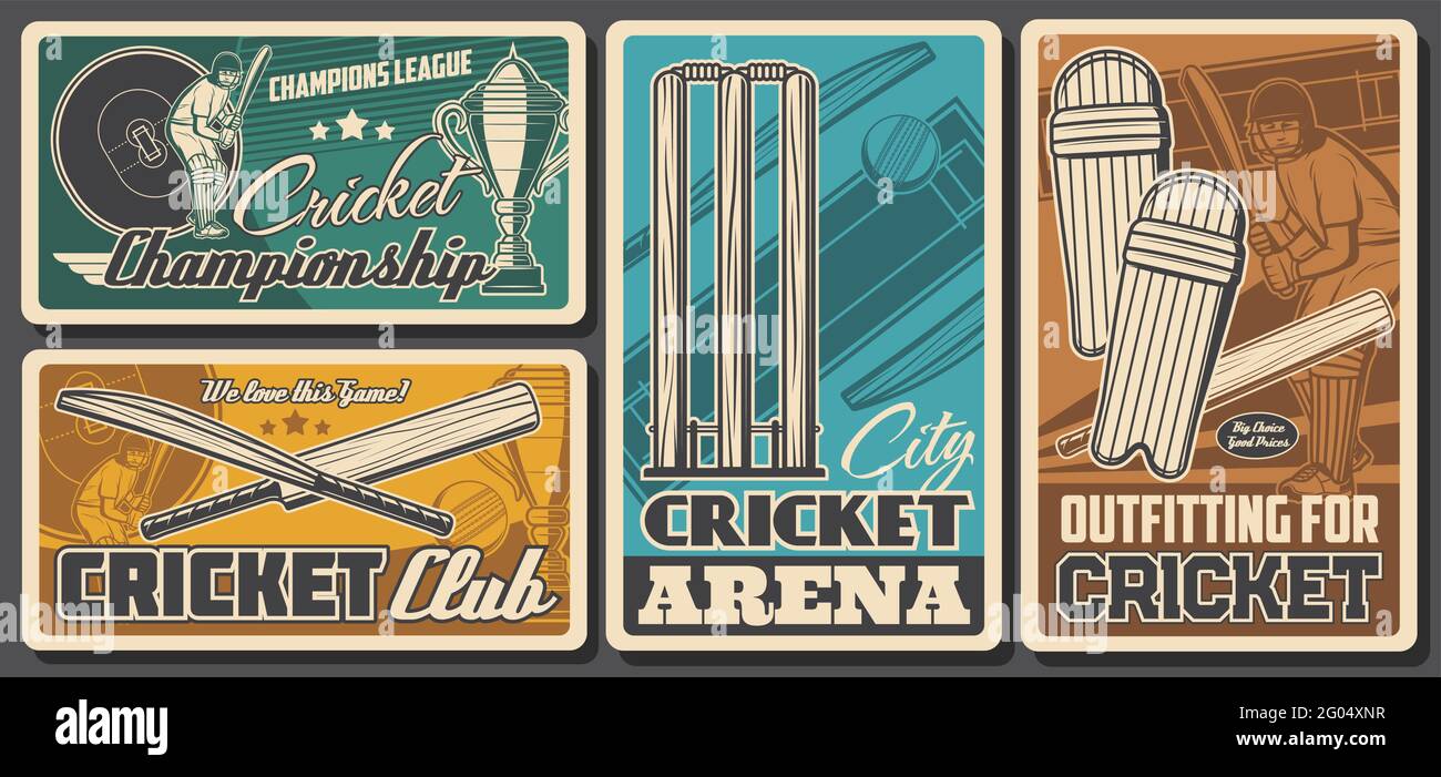 Cricket sport retro banners with vector cricket balls, bats, wickets ...