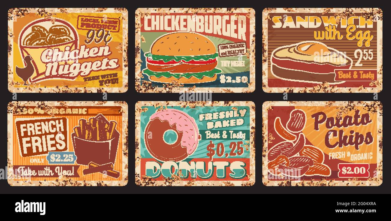 Fast food snacks rusty metal plates, vector french fries, sandwich ...