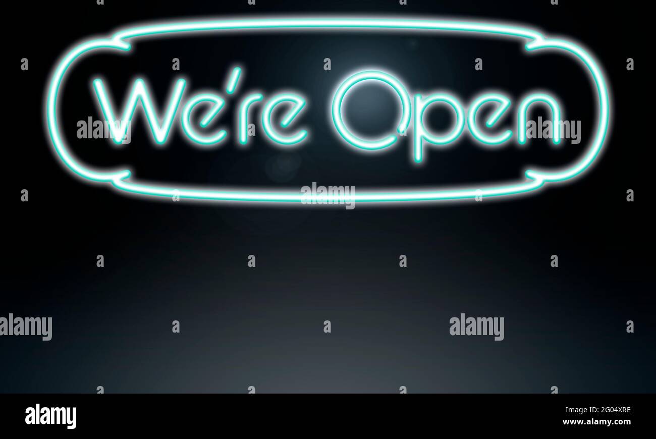 Neon Sign announcing reopening of business after the virus Stock Photo ...