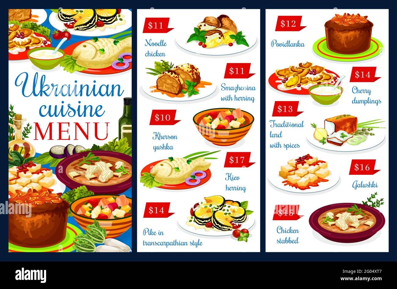 Ukrainian cuisine vector menu, chicken noodle, smazhenina with herring ...