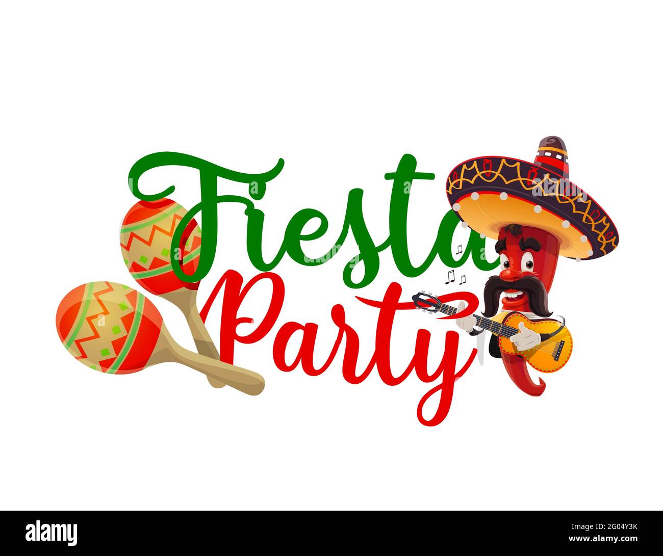 Fiesta party, Mexican mariachi pepper in sombrero with guitar, vector ...