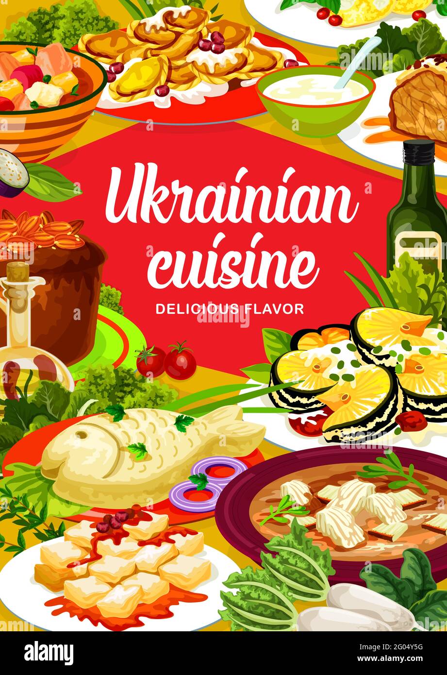 Ukrainian cuisine vector chicken noodle, smazhenina with herring or ...