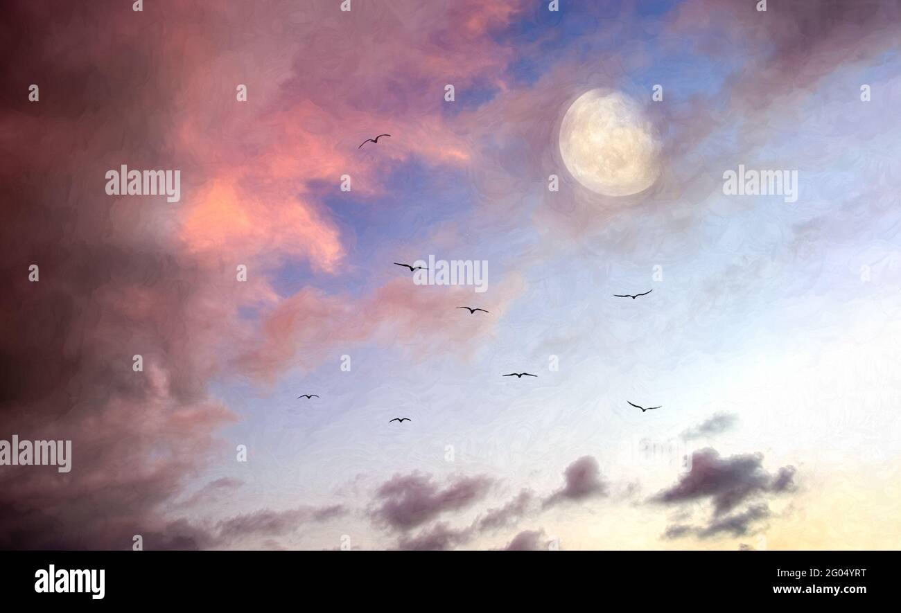 A Full Moon is Rising in a Colorful Sunset Sky As A Flock Of Birds Fly ...