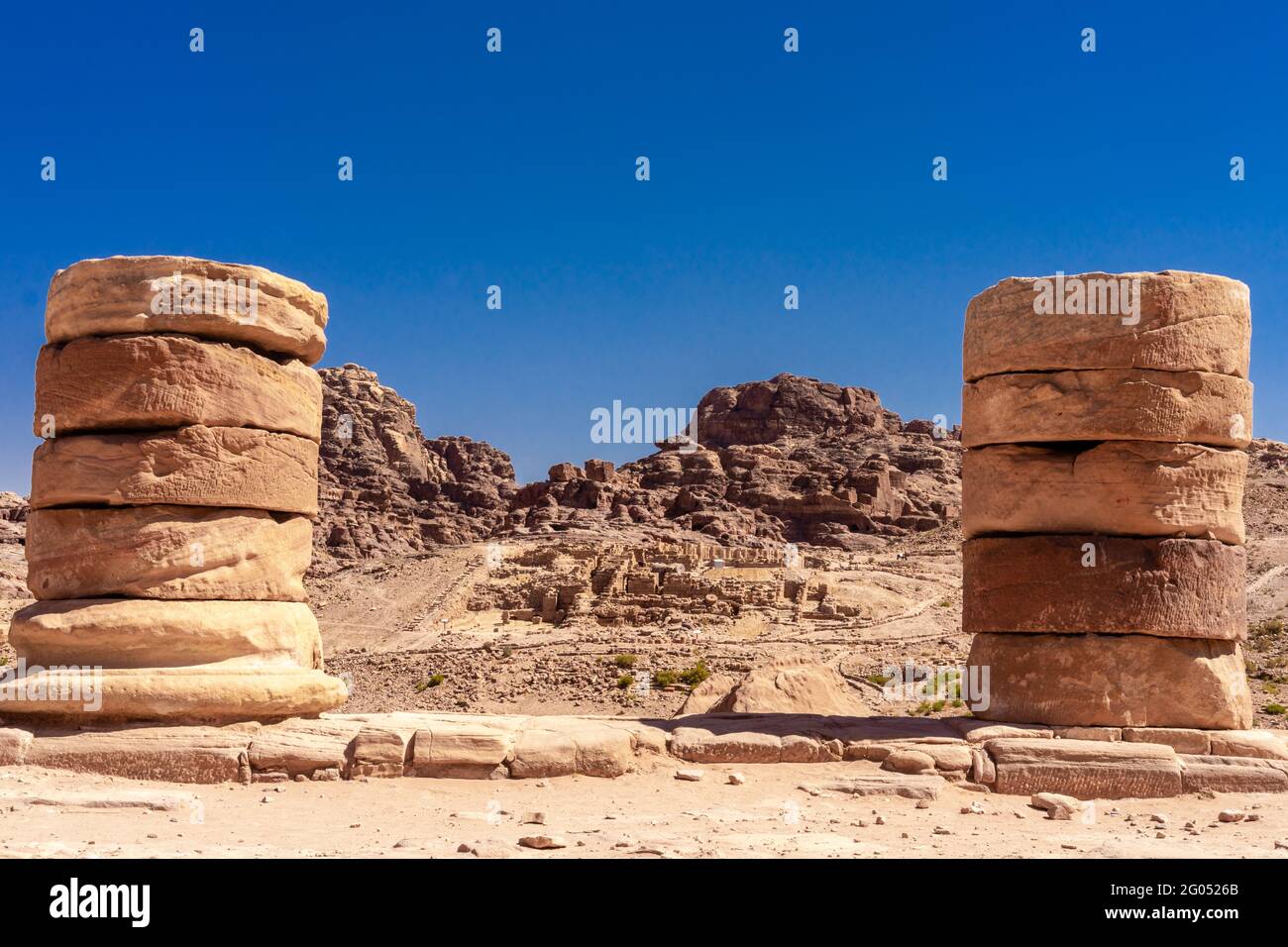 The view through two limestone columns of great temple at ...