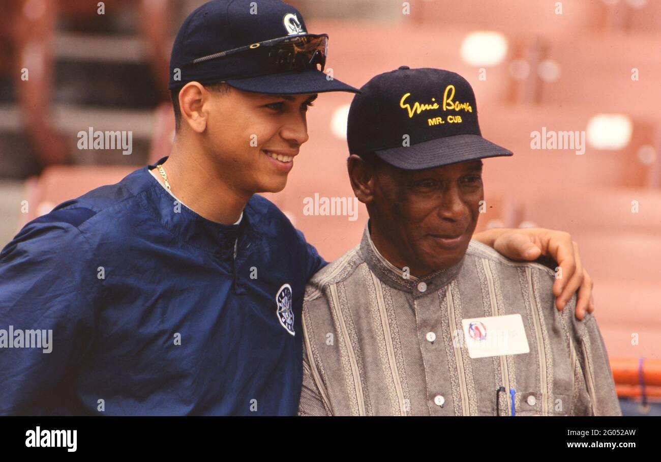 Alex Rodriguqez and Mr. Cub, Ernie Banks pose for a photo ca. September ...
