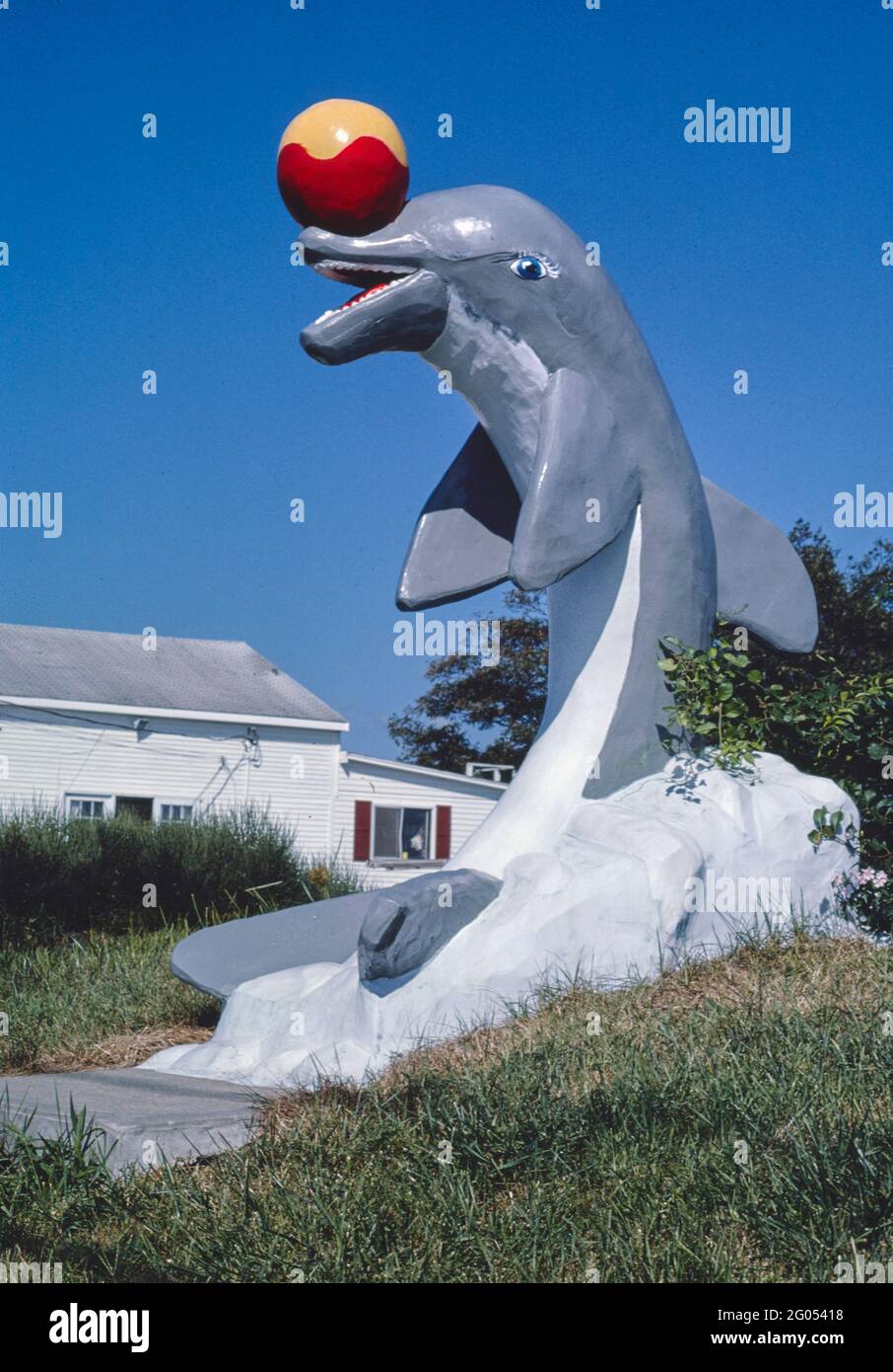 1980s United States - Dolphin statue, Aqua Circus, Route 28, Yarmouth ...