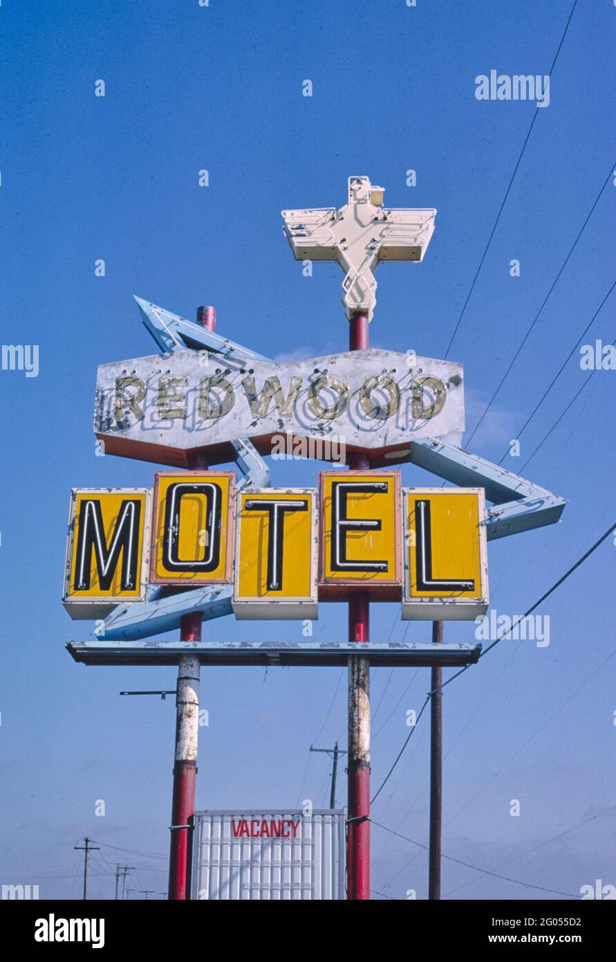 1980s United States - Red Wood Motel sign, Route 6, Hastings, Nebraska ...